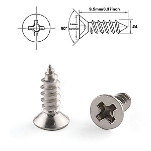E-outstanding 100pcs #4 x 3/8" Phillips Wood Screw Stainless Steel 304 Flat Countersunk Head Self Tapping Screw, Silver Tone