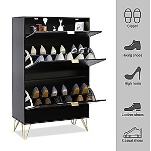 Scurrty 31.5'' 3-Tier Shoe Rack Entryway Cabinet Storage with Drawers, Adjustable Free Standing Shoe Shelf Organization for Closet Hallway with 4 Metal Legs Anti-Tipping Black…