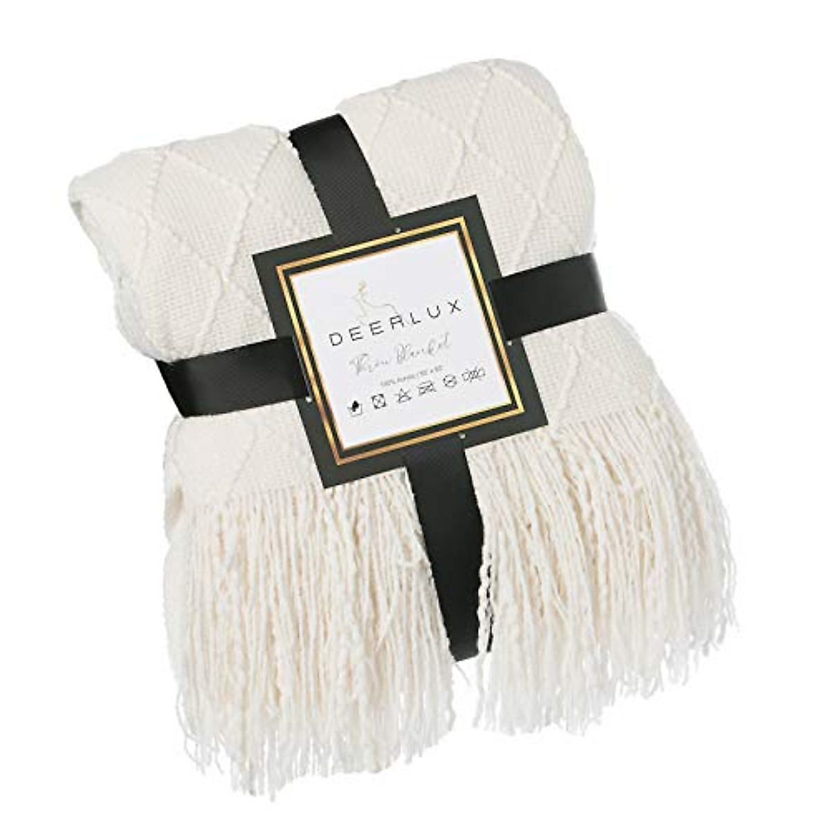 Decorative Diamond Pattern Knit Throw Blanket with Fringe, White