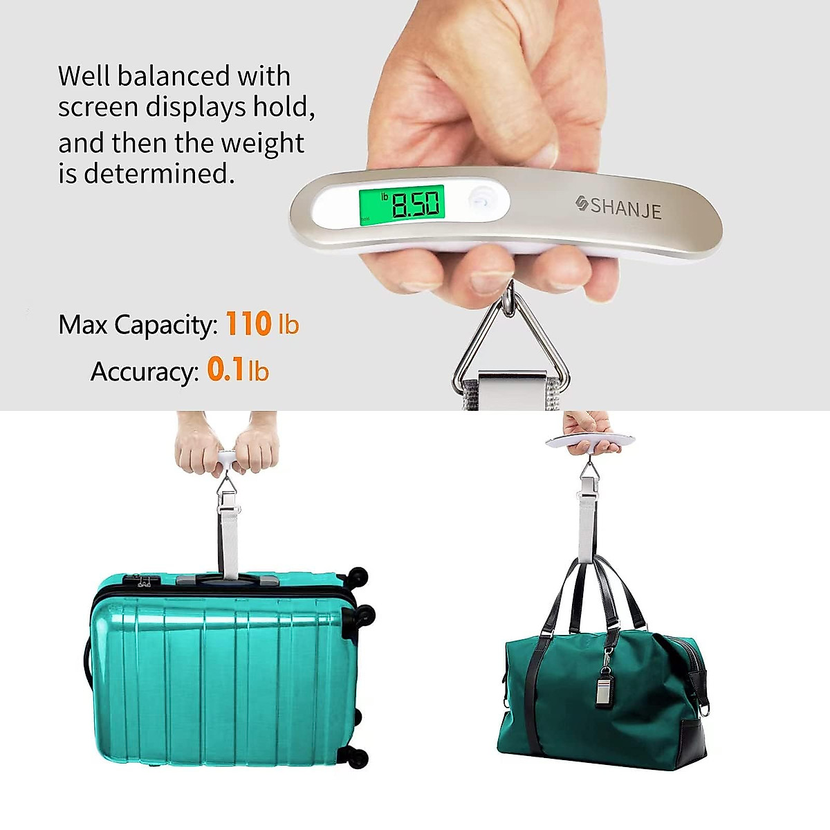SHANJE Luggage Weight Scale for Suitcases 110 Lbs Travel Accessories High Precision Travel Digital Hanging Scales 50kg (White)