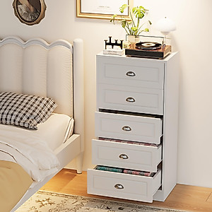 Meilocar Dresser with 5 Drawers, Wood Chest of Drawers, 47in Vertical White Dresser Storage Tower, 5 Drawer Dresser for Living Room, Bedroom, Hallway (White)