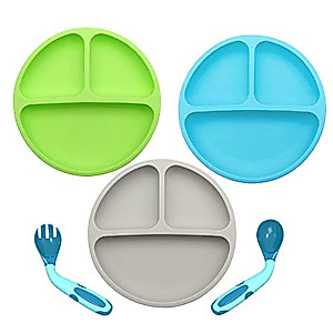 3 Pack Safe Silicone Baby Suction Plates - Toddler Divided Plate Set with Spoon Fork, Dishwasher and Microwave Safe (Blue, Green & Gray)