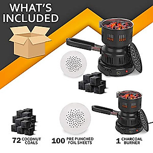 Coal Burner, Accessories Set, Electric Charcoal Burner For Coals, Portable Coal Stove, Quick Heating, Multiuse, 72 Coconut Coals and 100 Foil Sheets Included (Burner with Coconut Coals and Foil)