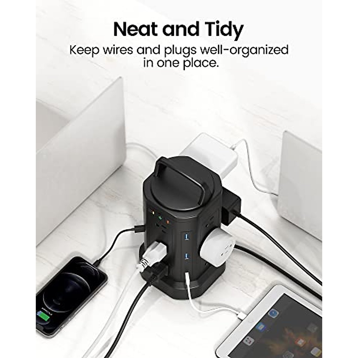 Power Strip Surge Protector Tower 2100J, SUPERDANNY Extension Cord with Multiple Outlets, 12 AC 6 USB Charging Station, Handle Cord Retracting, 6.5ft Overload Protection for Garage, Workbench, Black