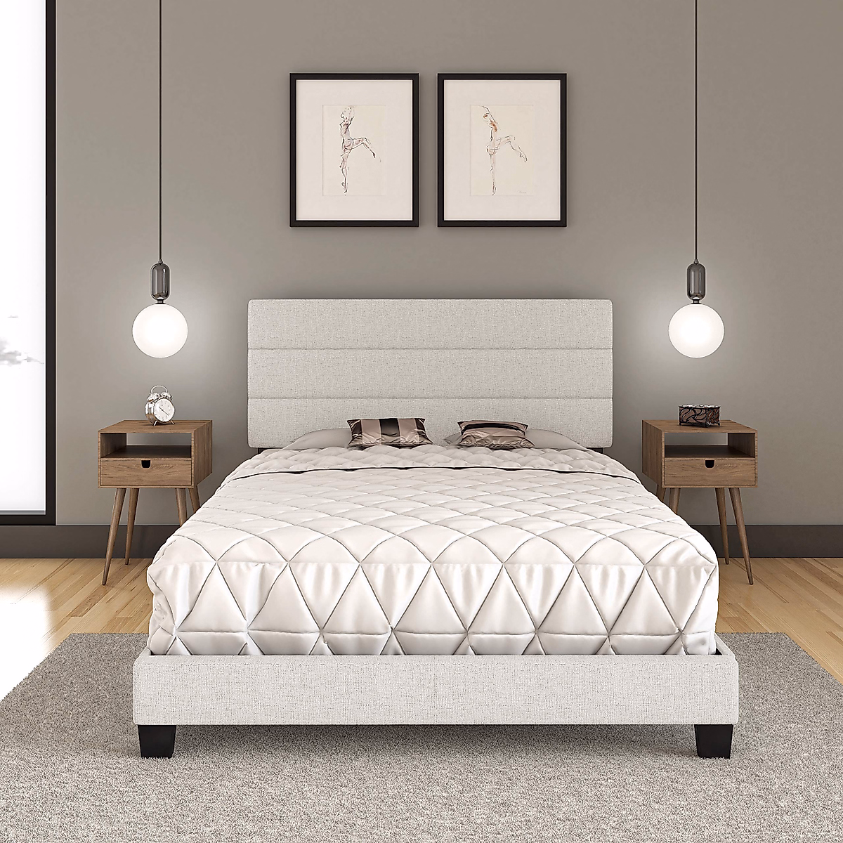 Boyd Sleep Ravenna Upholstered Platform Bed Frame Mattress Foundation with Tri-Panel Headboard and Strong Wood Slat Supports: Linen, White, Full