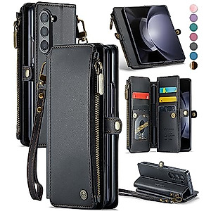 Defencase Galaxy Z fold 5 Case, Samsung Z fold 5 Case with Pen Holder Slot, RFID Blocking Samsung Galaxy Z fold 5 Wallet Case for Women Men with Card Holder Zipper Wrist Strap PU Leather Flip, Black