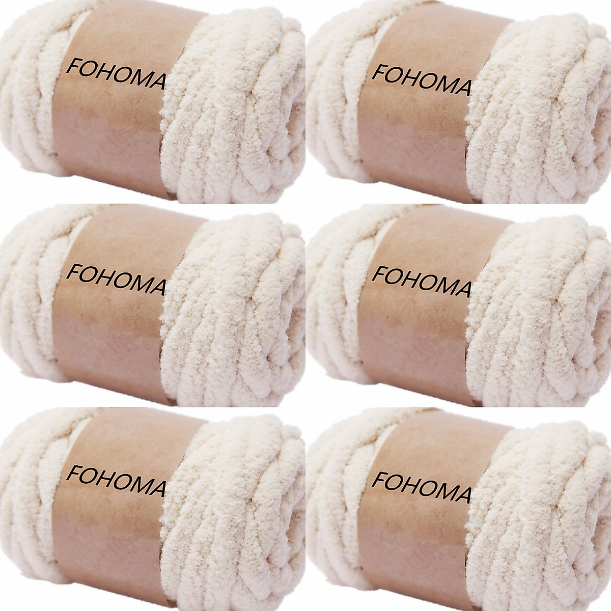 Super Bulky Chunky Yarn Beige 3lb for Arm Knitting, 6 Pack Luxury Soft Big Fat Jumbo Thick Weaving Crochet Craft Polyester Chenille Yarns for Throw Blanket Pillows