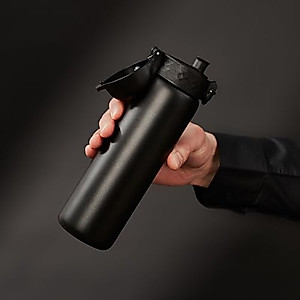 ION8 Steel Water Bottle, 600 ml/20 oz, Leak Proof, Easy to Open, Secure Lock, Dishwasher Safe, Hygienic Flip Cover, Fits Cup Holders, Carry Handle, Durable, Scratch Resistant, Carbon Neutral, Black
