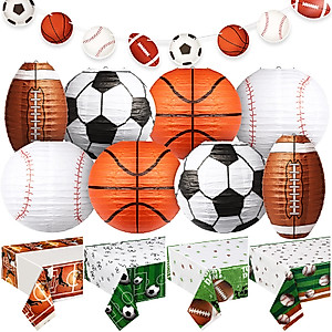 Sports Party Decorations Set Include 8 Pcs Sports Paper Lanterns Hanging Lanterns 4 Pcs Basketball Baseball Tablecloth Football Soccer Ball Table Cover 2 Pcs Sports Theme Banner for Kids Party Favors