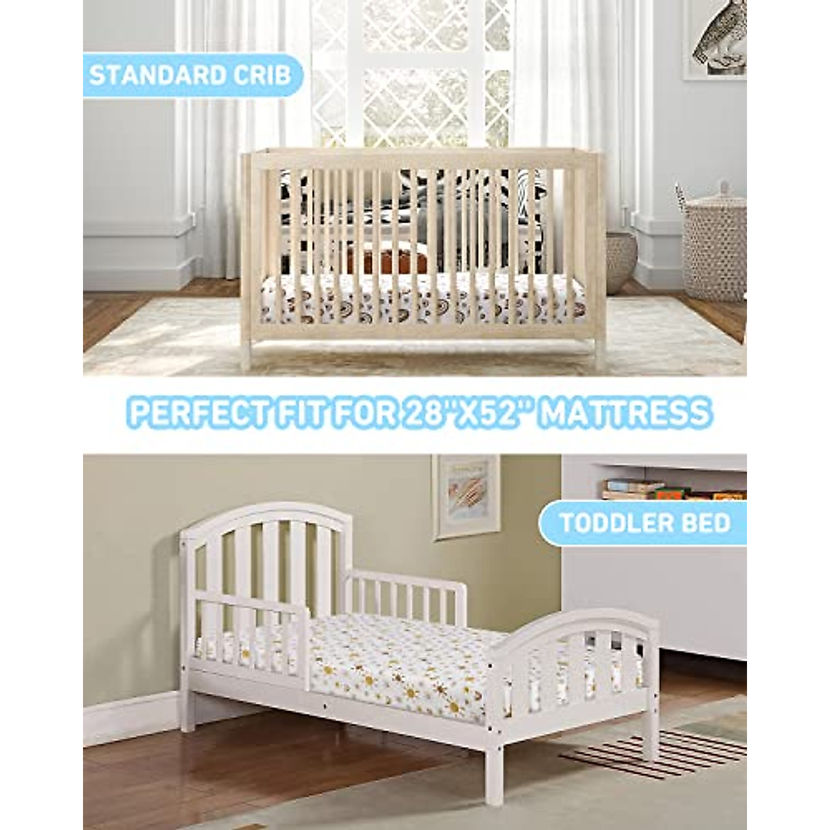 Babebay Fitted Crib Sheets for Boys and Girls, Baby Crib Sheet Neutral for Standard Crib Mattress & Toddler Bed Mattress, Soft and Safe Jersey Knit Cotton, 2 Pack (Rainbow and Sun)