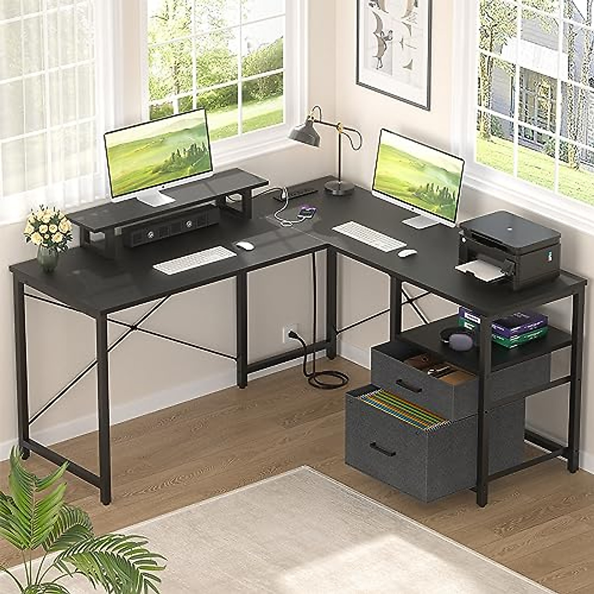 Homieasy L Shaped Computer Desk with Storage File Drawer, Reversible Home Office Desk with Recessed Power Strip and Led Strip, Corner Gaming Desk Work Study Table with Monitor Stand, Black