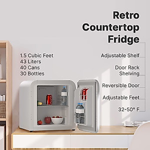 Husky Premium White Retro Mini Refrigerator with 1.5 Cu.ft./43L Capacity, Countertop Mini Fridge with Reversible Door, Retro Mini Fridge, Freestanding Retro Small Fridge for Bedroom, Bar, and Office