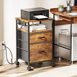 Huuger File Cabinet with Power Outlets, 2 Drawer Filing Cabinet, Printer Stand with Storage, Rolling File Cabinet with Lockable Wheels/Adjustable Feet, Open Shelf, Wood Top, Rustic Brown