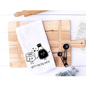 Handmade Funny Kitchen Towel - 100% Cotton Funny Hand Towel for Sushi Lovers - 28x28 Inch Perfect for Chef Housewarming Christmas Mother's Day Birthday Gift (You are My Soy Mate)