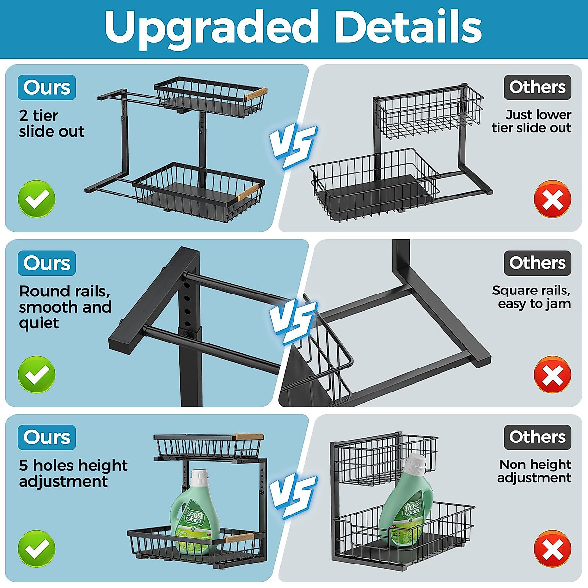 Under Sink Storage Organizer, 2 Tier Pull Out Sliding Under Sink Organizers and Storage Shelf Drawers for Bathroom Kitchen, 2 Pack Metal Adjustable Kitchen Bathroom Under Cabinet Organizer Storage.