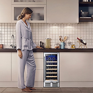 BODEGA 15 Inch wine fridge, 31 Bottles Mini Fridge,Wine Cooler Refrigerator with Double-Layer Glass Door, Wine cooler with smart chip control,Temperature Memory,Built-in or Freestanding.