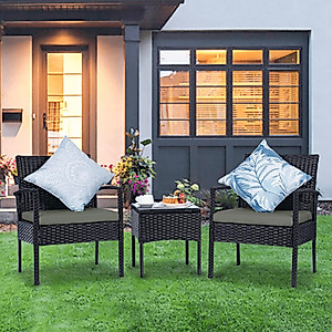 MEISSALIVVE 3 Pieces Outdoor Patio Furniture Set, Small Wicker Bistro Conversation Set for Porch and Balcony, All Weather PE Rattan Chairs with Table, Backyard Garden Furniture (Grey)