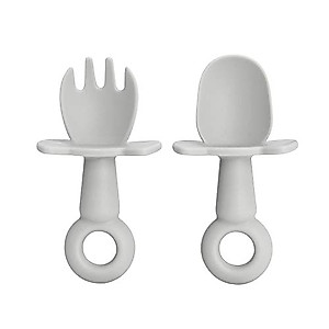 Wee me Baby Utensils, Silicone Baby Spoons Self Feeding and Baby Forks, Toddler Utensils for Led Weaning, First Stage Utensils for Self-Feeding (Gray)