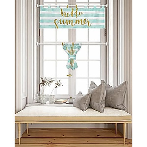 Tab Top Curtain Valance HELLO SUMMER Gold Round Spots on Blue and White Stripes Valance Curtains Light Filtering Rod Pocket Window Treatment Small Valances For Kitchen Cafe Basement, 1 Panel, 54X18In