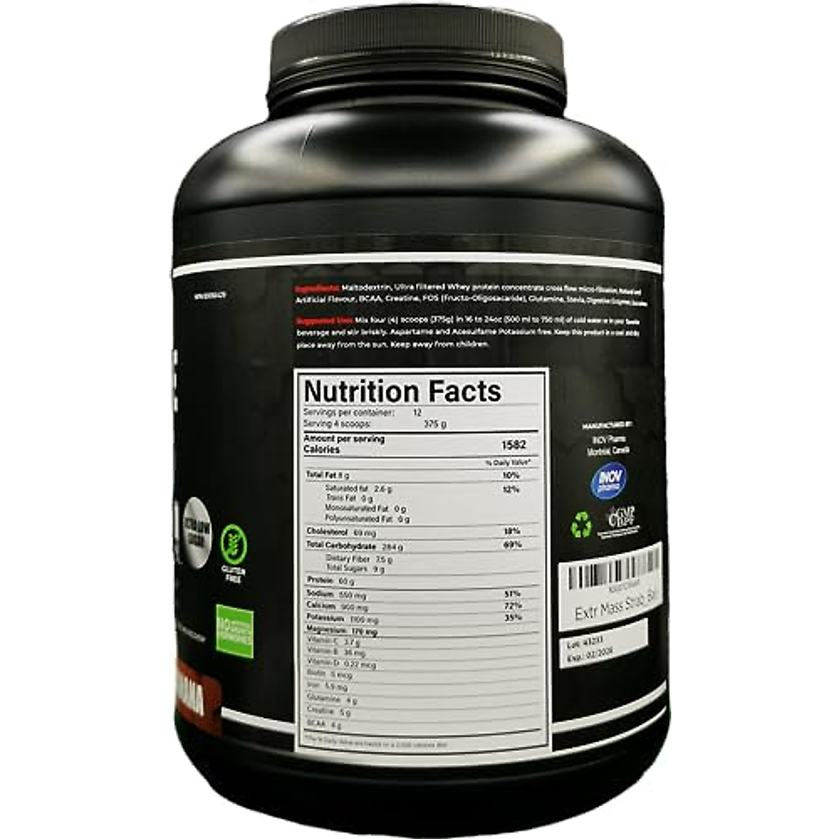 Extreme Mass Strawberry-Banana 10 lbs (4.54 kg) from Sunshine BioPharma, mass gainer protein mix giving the high calorie fortified whey protein with BCAA, creatine, glutamine, vitamins and minerals.