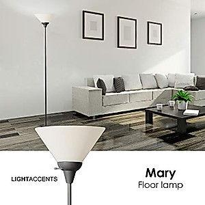 LIGHTACCENTS Black Metal Floor Lamp with Opal White Cone Shade. Model 6113-21 Standing Pole Torch Floor Lamp Torchiere Super Bright Floor Lamp (Black Finish)