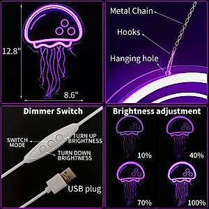 Jellyfish Neon Signs for Wall Decor Light Up Personalized for Bedroom, Bar, Birthday, Holiday Party, Wedding. USB Powered 3D Art Creative Purple Light LED with Dimmer Switch