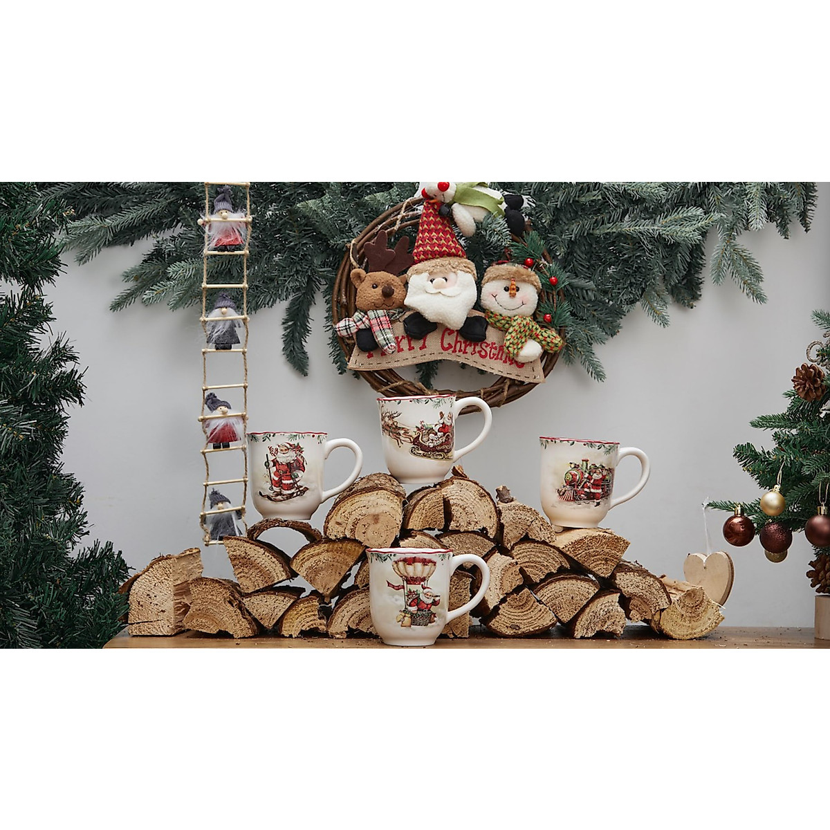 Bico Santa On The Way Ceramic Mugs, Set of 4, for Coffee, Tea, Drinks, Microwave & Dishwasher Safe