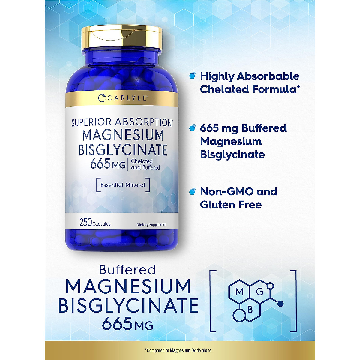 Carlyle Buffered Magnesium Bisglycinate 665 mg | 250 Capsules | Chelated Essential Mineral | Non-GMO and Gluten Free Supplement