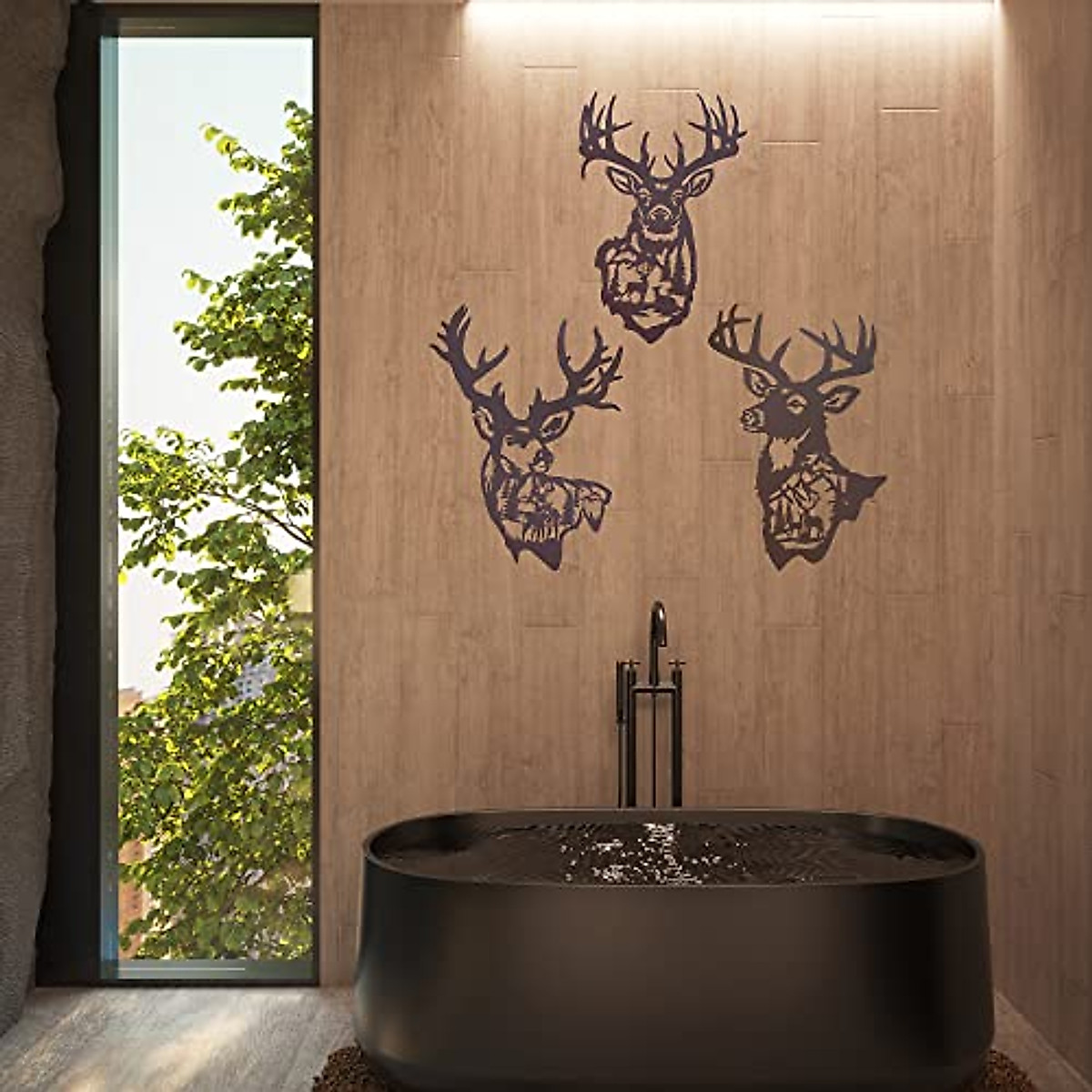 BVLFOOK 16 Inch Large Metal Deer Wall Art Decor, Rustic Cabin Decor, Hunting Decor for Home Bathroom Bedroom Lodge, Deer in the Forest Pine Tree, Set of 3