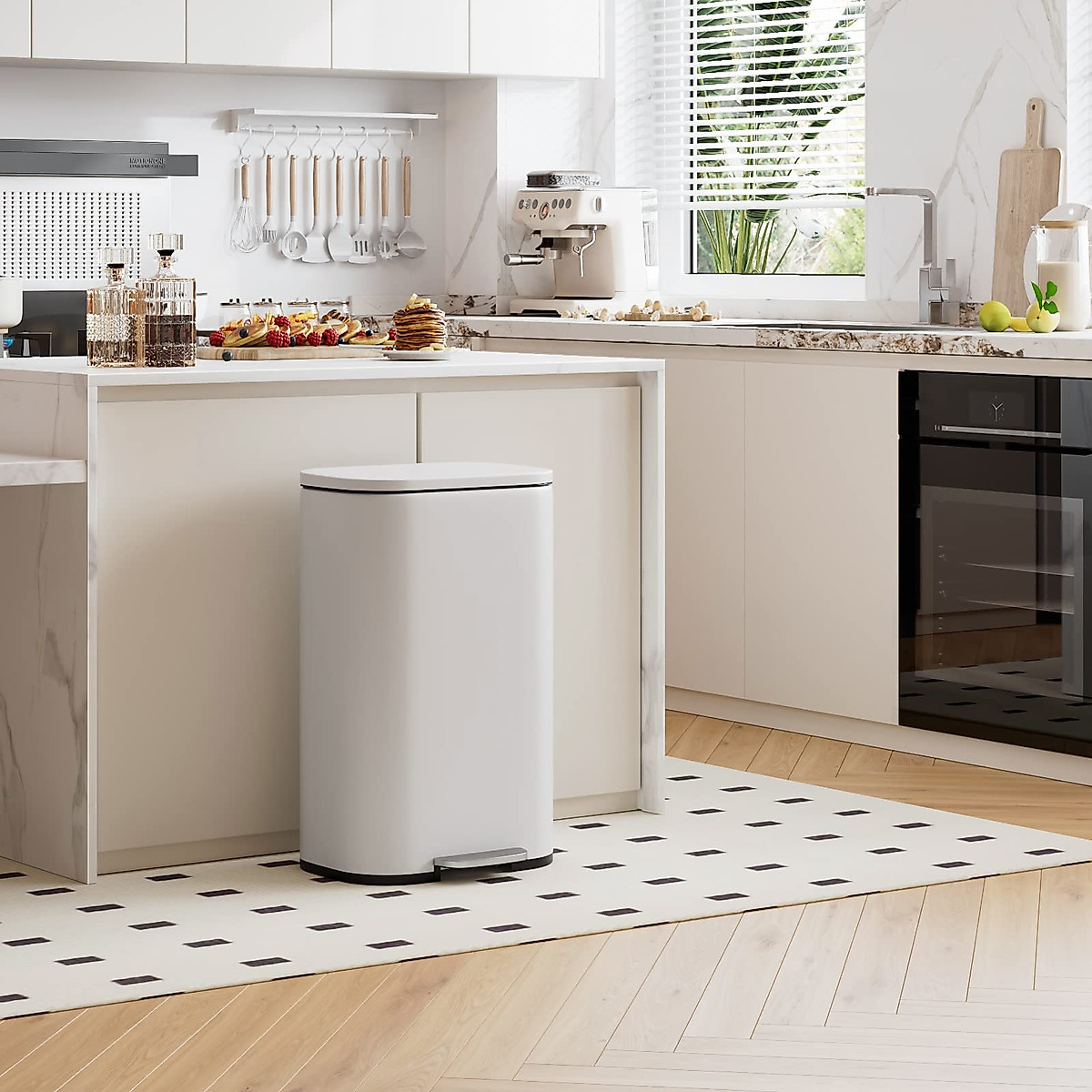 FINETONES Trash Can, Stainless Steel Garbage Can with Silent Lid, Durable Pedal & Inner Bucket, Pedal Garbage Bin for Kitchen Inside Outside (50L, White)