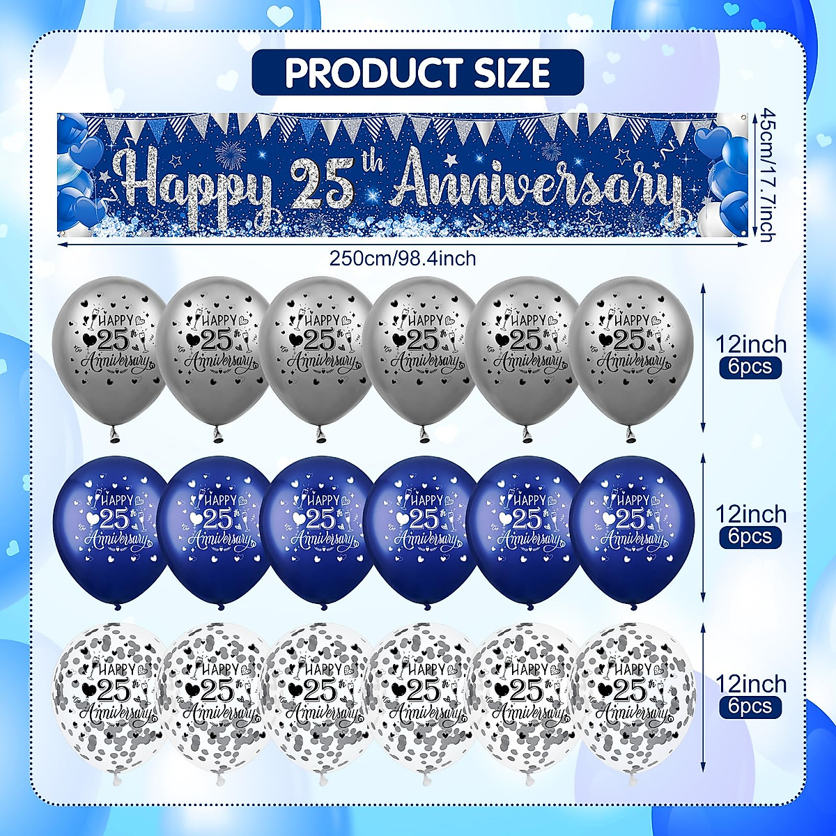 Blue Silver 25th Anniversary Decorations for Men Women, Blue Silver Happy 25th Anniversary Banner 18pcs Navy Blue 25th Anniversary Balloons for 25th Silver Wedding Anniversary Decoration Supplies