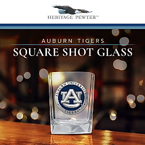 Heritage Pewter University of Auburn Square Shot Glass | Hand-Sculpted 1.5 Ounce Shot Glass | Intricately Crafted Metal Pewter Alma Mater Inlay