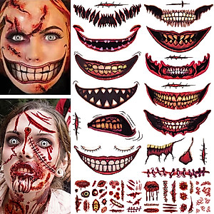 Aresvns 12PCS Halloween Clown Horror Mouth Temporary Tattoo Stickers Face Decals Prank Props for Halloween Cosplay Party Decorations