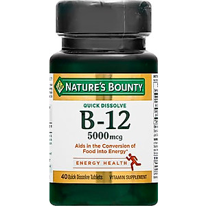 Nature's Bounty Vitamin B12, Quick Dissolve Vitamin Supplement, Supports Energy Metabolism and Nervous System Health, 5000mcg, 40 Tablets
