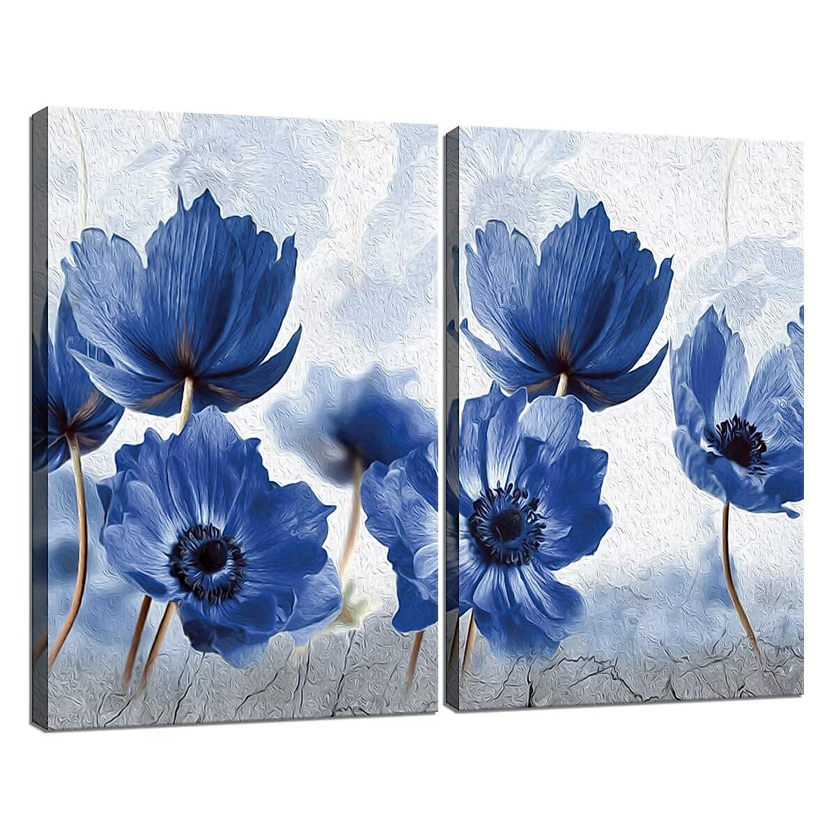 HJY Art 2 Piece Abstract Flower Wall Art for Bathroom Canvas Floral Wall Decor White and Blue Modern Home Living Room Dining Room Bedroom Office Painting Poster Framed Artwork (24''W x 32''H x2)