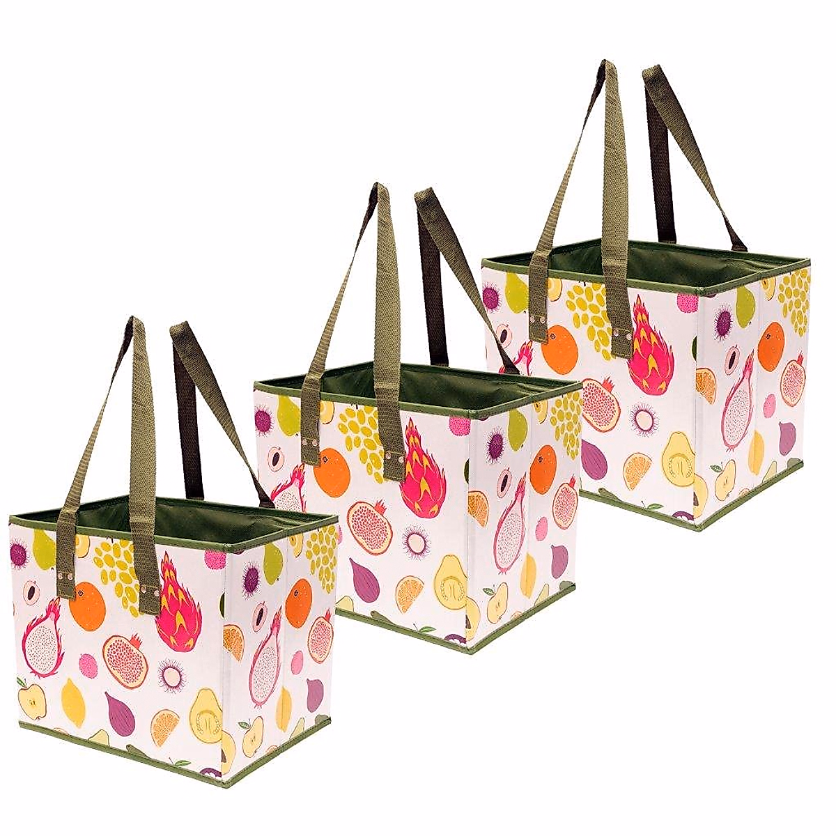 PLANET E Reusable Grocery Shopping Box Bags - Premium Quality Heavy Duty Tote Set with Reinforced Bottom | Folding, Collapsible, Durable and Eco Friendly (3 Pack - 3 fruits), Large