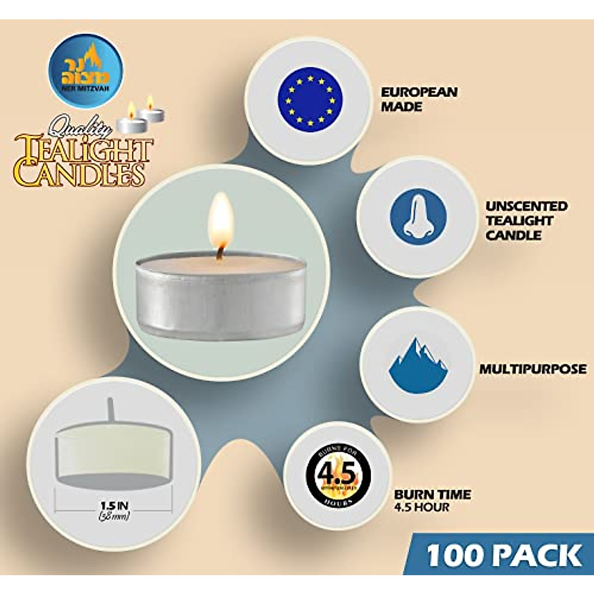 Tea Light Candles - 100 Bulk Pack - White Unscented Travel, Centerpiece, Decorative Candle - 4.5 Hour Burn Time - Pressed Wax - by Ner Mitzvah