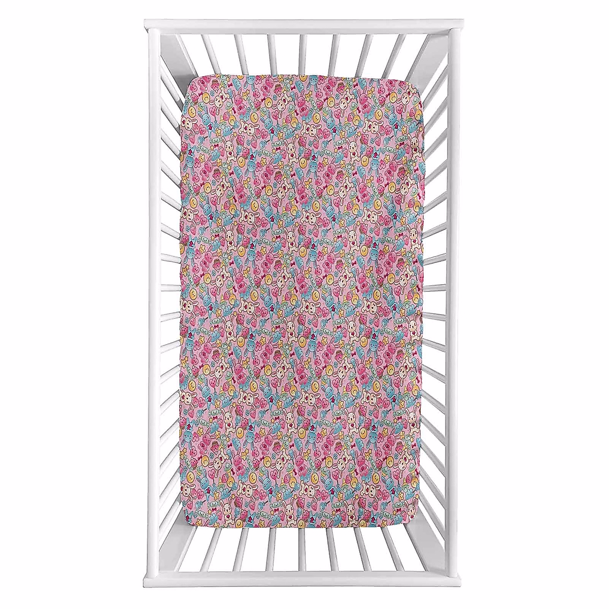 Lyzelre Baby Fitted Crib Sheet,Kawaii Bunnies Ice Cream and Candies Doodle Style Cartoon Drawing Abstract Microfiber Silky Soft Toddler Mattress Sheet Fitted,28"x 52"x 8'',Baby Sheet for Boys Girls