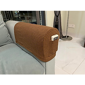 Garayma Sofa Armrest Covers Arm Slipcovers with a Pocket Elastic Sofa Armrest Protector Removable Couch Arm Covers for Sofa Anti-Slip Armrest Covers Christmas Furniture Deco Pack of 2 (Coffee)