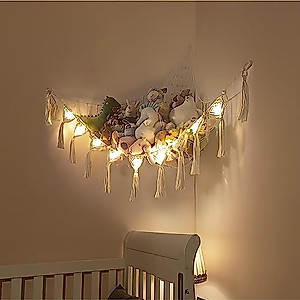 YUNII Toy Hammock for Stuffed Animal Storage,Large Capacity Bath Toy Organizers,Baby Toy Storage with Fairy Lights,Durable Cotton Net for Bedroom Kids Room,Play Room Boho Nursery Decor