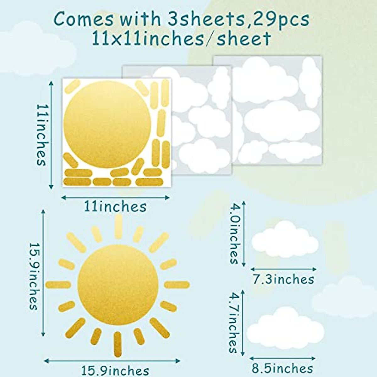 Sun Wall Decal White Cloud Wall Decals Nursery Wall Decor Kids Wall Decals Peel and Stick Wall Stickers Clouds for Ceiling Vinyl Wall Decals for Kids Baby Children's Bedroom Playroom Decor