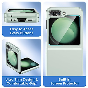 Ruky for Galaxy Z Flip 5 Phone Case, Built-in Back Screen Protector, Hard PC Ultra Slim Anti-Scratches Shockproof Wireless Charging Phone Case for Samsung Galaxy Z Flip 5, Mint Green