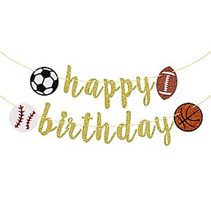 Sports Happy Birthday Banner, Glitter Sports Birthday Banner, Football, Baseball, Soccer, Basketball, Multi Sports Theme Birthday Decor (Gold)