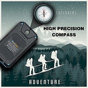Solar Power Bank 36800mah, Solar Charger Power Bank with 18W PD 5V 3.1A outputs, IP67 Waterproof, Grade A+ Battery with LED Flashlight and Compass, Perfect Camping Gear Accessory for Outdoor (Blue)