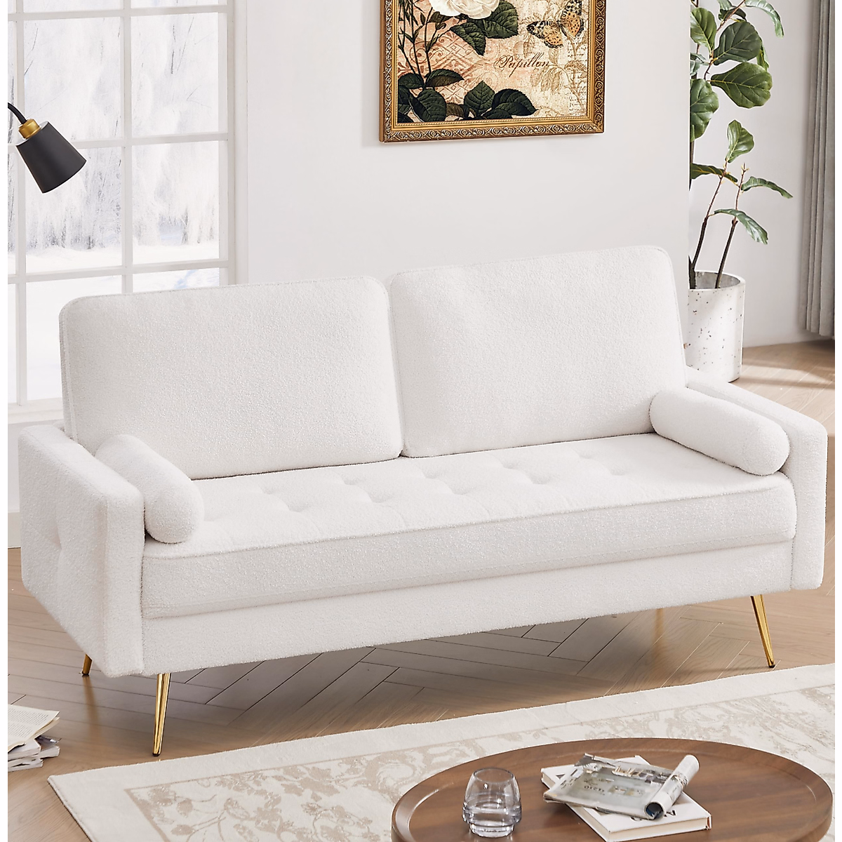 HIFIT 70" White Loveseat Sofa Couch, Mid Century Modern Fluffy Couch with Deep Love Seat & 2 Pillow, Comfy 3-Seater Home Sofa Living Room Small Couches for Small Space,Bedroom,Office, Solid Wood Frame