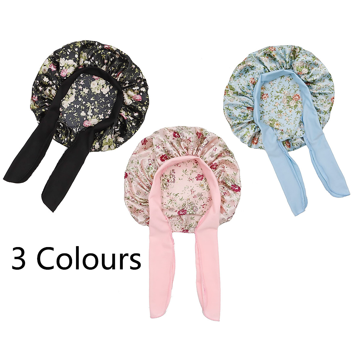 3 Pieces Kids Satin Bonnet Silky Sleep Cap Wide Elastic Band Hair Bonnet for Girls Toddler Child Flowerblackpb