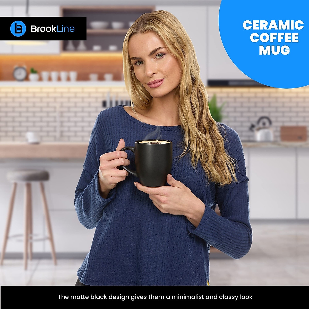 Brookline Ceramic Coffee Mug 16OZ - Tea Mug with Handle, Espresso Cups - Excellent Choice for Camping, Travel & Office - Great Gift Idea (Black, 4)