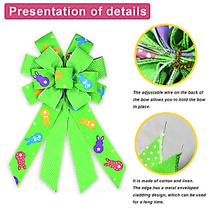 Easter Wreath Bows, Green Spots Rabbits Burlap Easter Bows for Wreaths - Large Easter Ribbon Bows for Easter Day Home Garden Indoor Outdoor Decoration Wreath Ornament Supplies