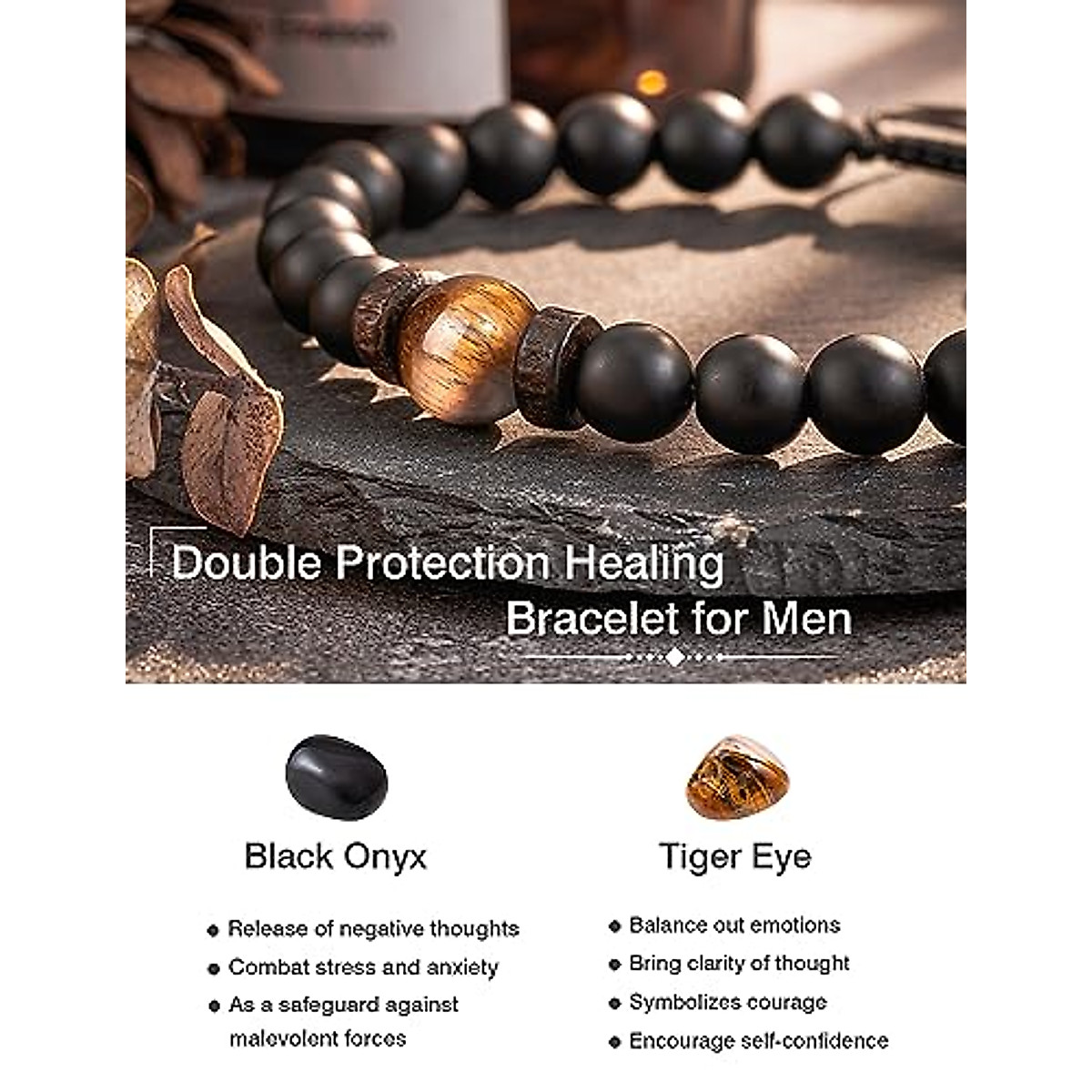 Bracelets for Men, Natural Tiger Eye Black Onyx Stone Protection Bracelets, Healing Mens Beaded Bracelet Gifts for Men Dad Boyfriend Husband Son Brother Grandpa Father