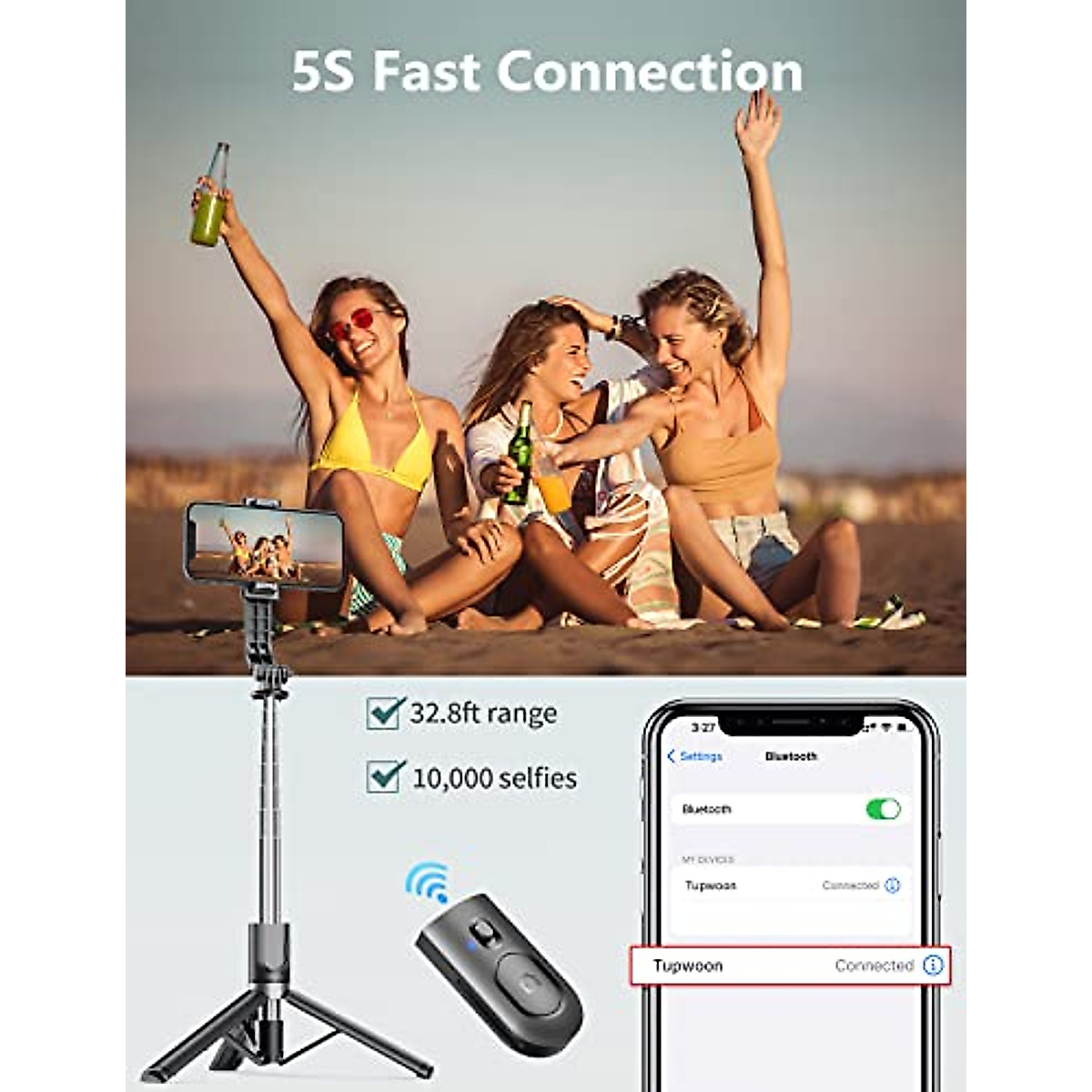 44.9 Inch Selfie Stick with Reinforced Tripod - 2 Fill Lights, Tupwoon Extendable & Portable Phone Tripod with Remote, Compatible with iPhone 14 Pro Max/13/12/11 Samsung Android